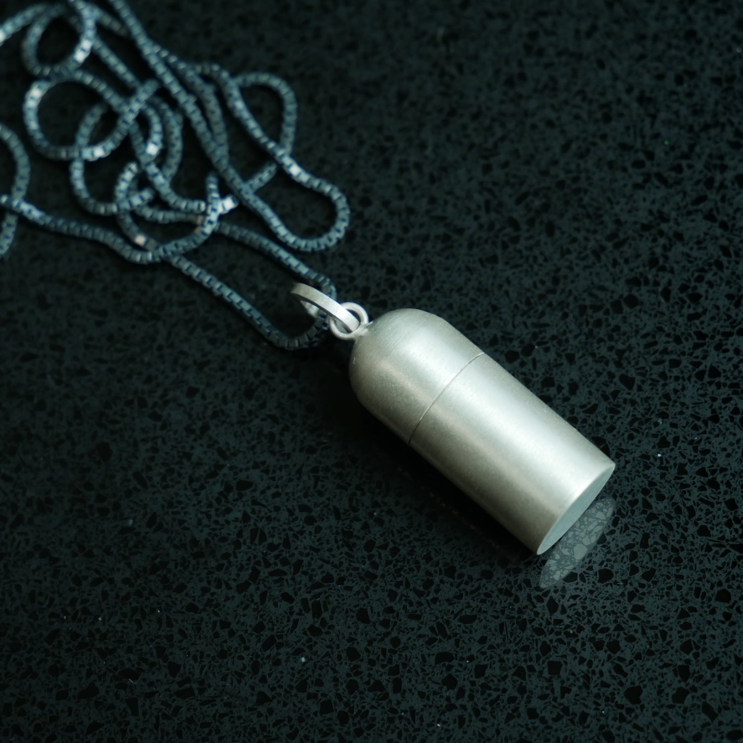 Bullet Box Pendant Necklace with Oxydised Silver Chain