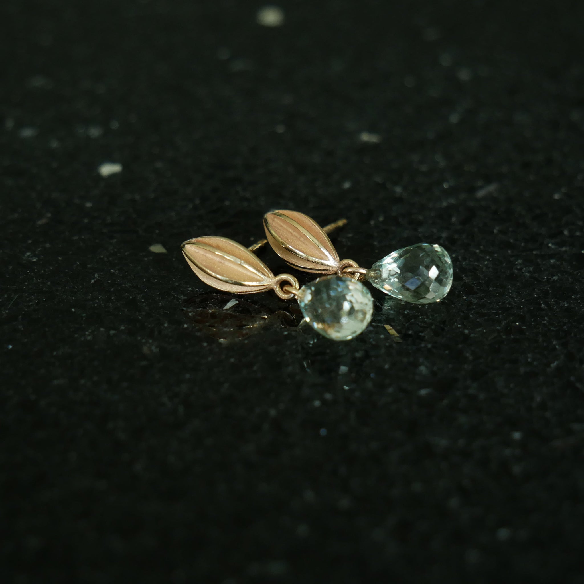 Gold Small 9ct Pod Studs With Green Quartz Drops